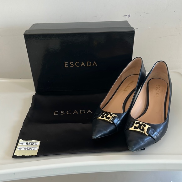 Escada | Shoes | Escada Navy Shoe With Gold Logo | Poshmark
